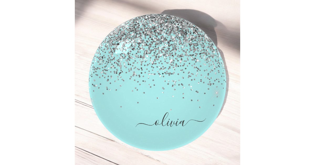 Aqua Blue Teal Silver Glitter Monogram Paperweight | Zazzle