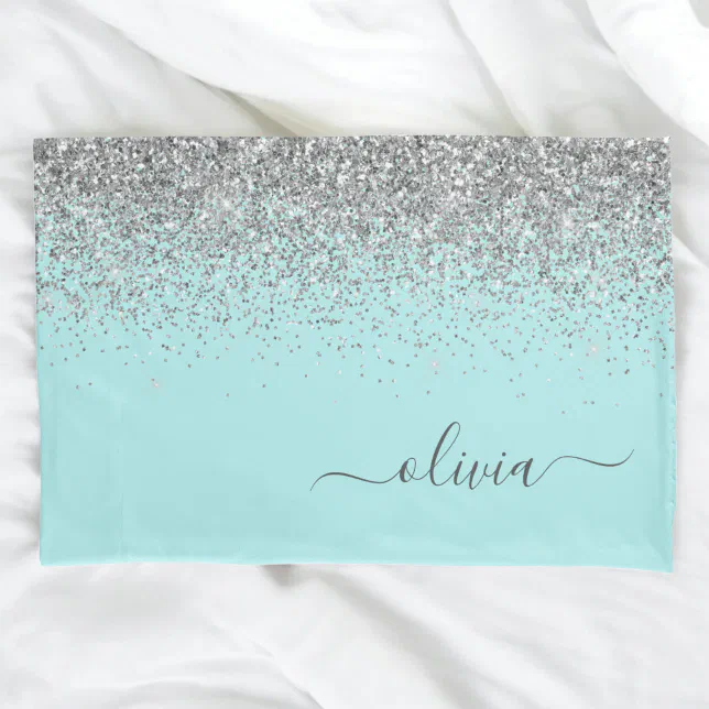 Aqua Blue Teal Silver Glitter Monogram Pillow Case | Zazzle