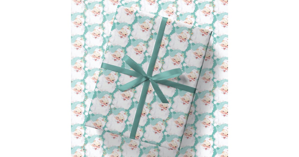 Aqua Blue Vintage Wink Santa Claus Christmas Gift Wrapping Paper | Zazzle