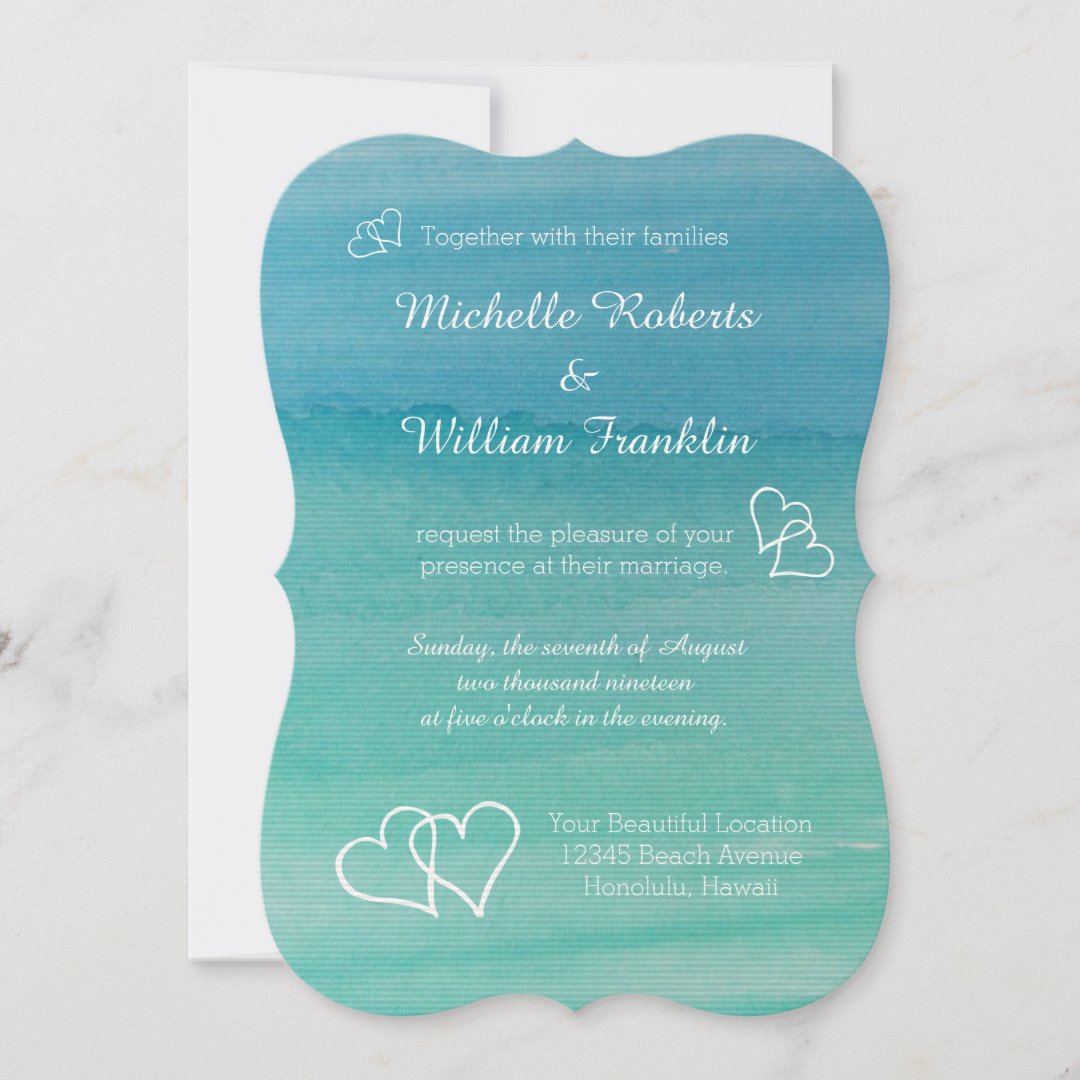 Aqua blue watercolor beach wedding invitations | Zazzle