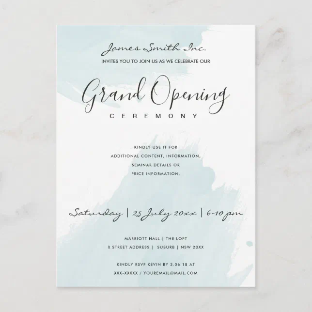 AQUA BLUE WATERCOLOR BRUSHSTROKE OPENING CEREMONY POSTCARD | Zazzle