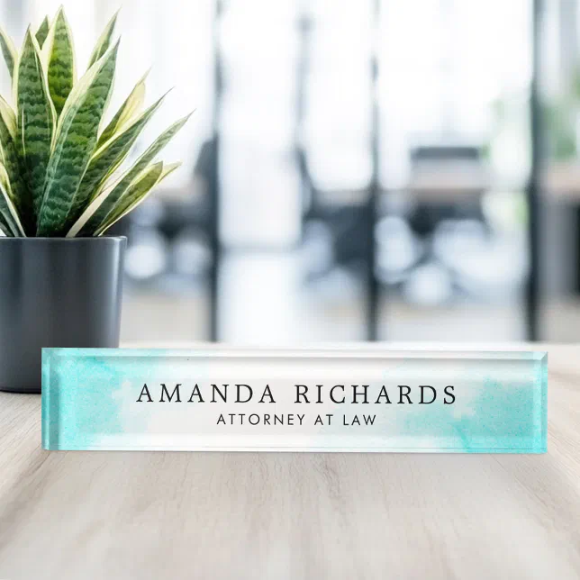 Aqua blue watercolor desk name plate | Zazzle