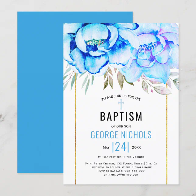 Aqua blue watercolor flowers floral boy Baptism Invitation | Zazzle