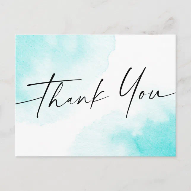 Aqua blue watercolor handwritten script thank you postcard | Zazzle