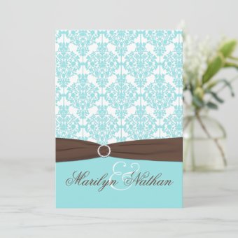 Aqua Blue, White Damask with Brown PRINTED Ribbon Invitation | Zazzle