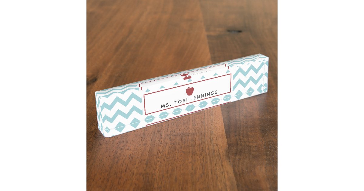 Aqua Chevron Red Apple Teacher Desk Name Plate | Zazzle