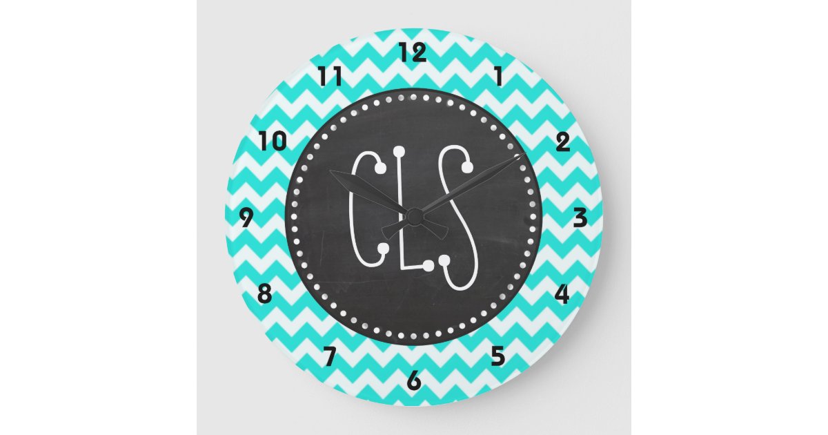 Aqua Color Chevron; Vintage Chalkboard look Large Clock | Zazzle