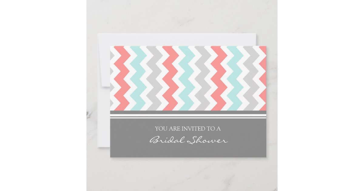 Aqua Coral Gray Chevron Bridal Shower Invitation | Zazzle