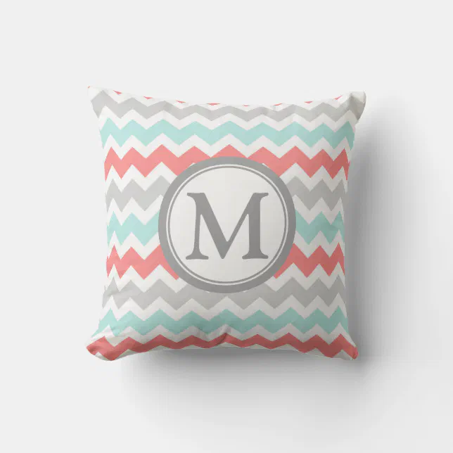 Aqua Coral Grey Chevron Monogram Decorative Pillow | Zazzle