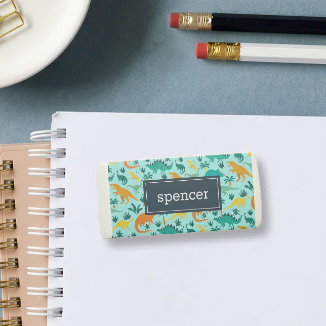 Aqua | Cute Colorful Dinosaur Pattern Kids Name Eraser | Zazzle