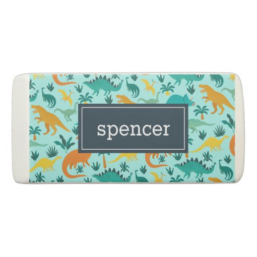 Aqua | Cute Colorful Dinosaur Pattern Kids Name Eraser | Zazzle