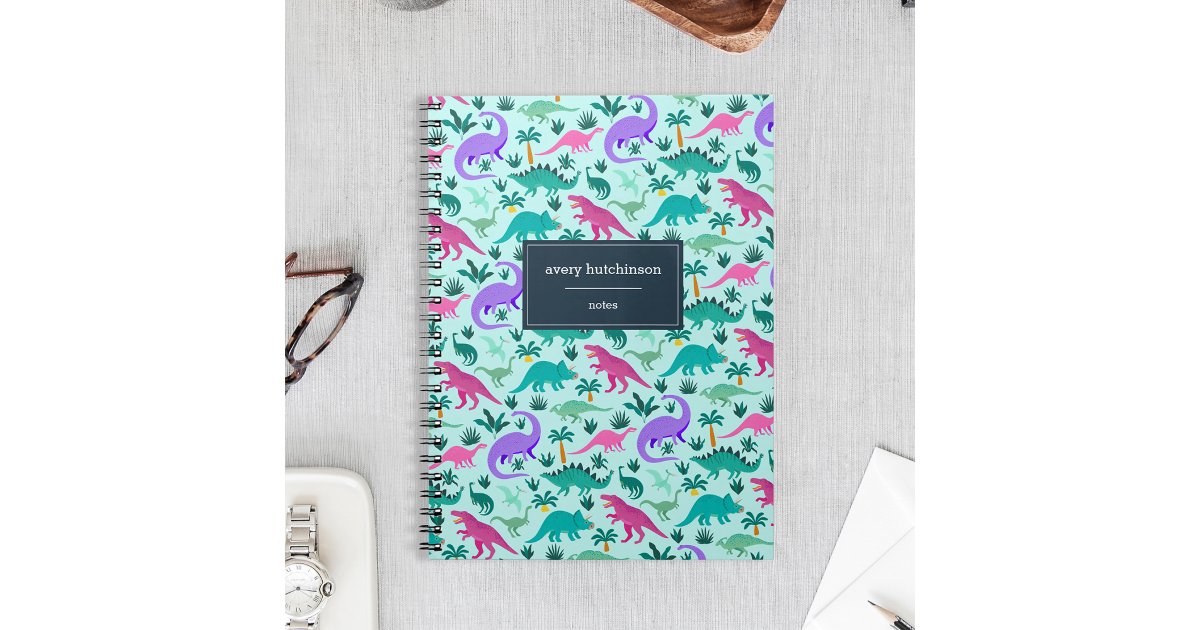Aqua | Cute Colorful Dinosaur Pattern Personalized Notebook | Zazzle