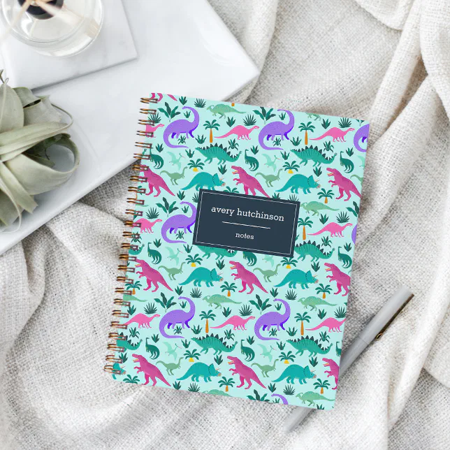 Aqua | Cute Colorful Dinosaur Pattern Personalized Notebook | Zazzle