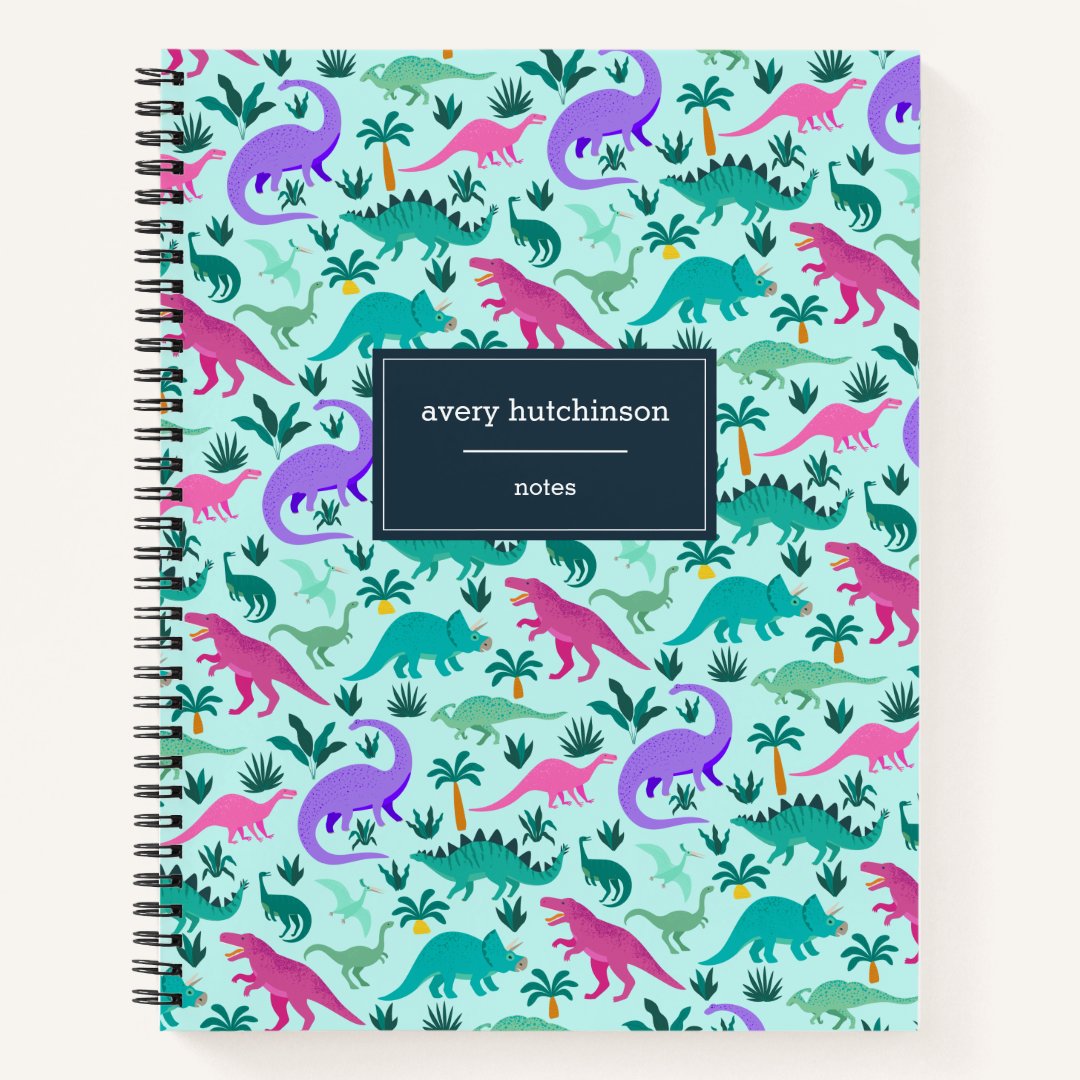 Aqua | Cute Colorful Dinosaur Pattern Personalized Notebook | Zazzle