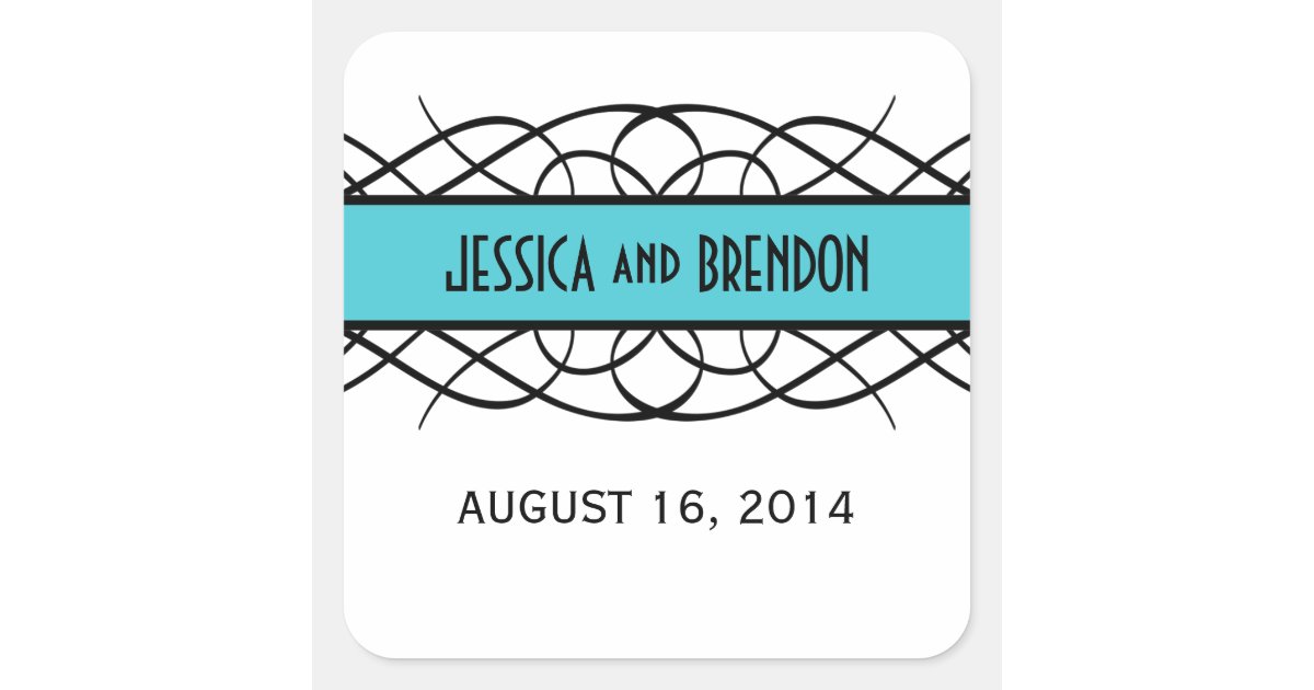 Aqua Deco Flourish Wedding Stickers | Zazzle