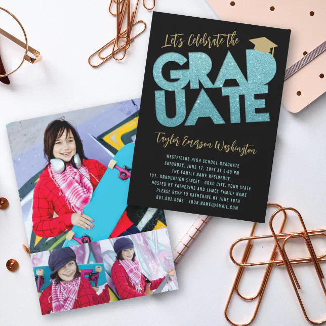 Aqua Glitter Graduate Cutout Graduation Party Invitation | Zazzle