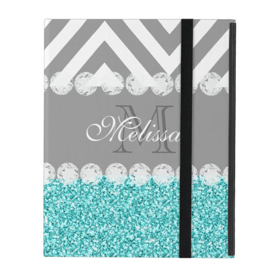 AQUA GLITTER, GRAY CHEVRON, MONOGRAMMED iPad COVER | Zazzle.com