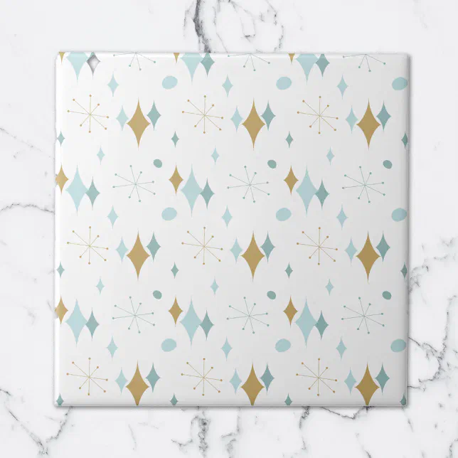Aqua, Gold Starburst Mid Century Pattern Ceramic Tile | Zazzle