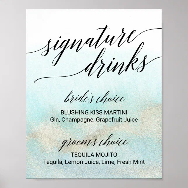 Aqua & Gold Watercolor Beach Signature Drinks Sign | Zazzle