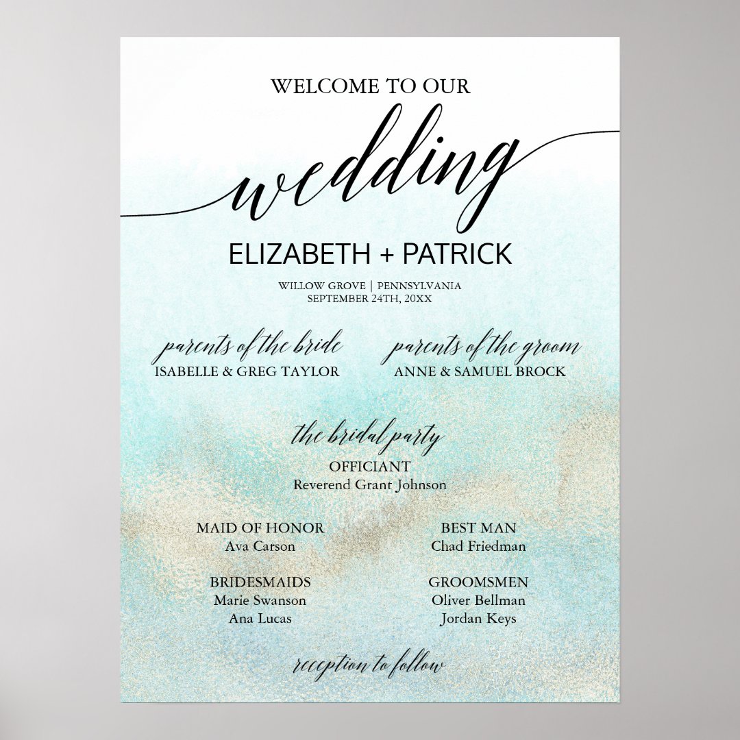 Aqua & Gold Watercolor Beach Small Wedding Program Poster | Zazzle