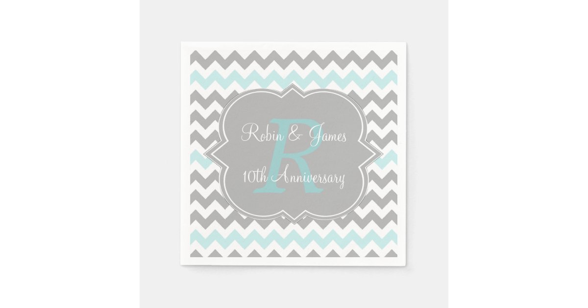 Aqua Gray Chevron Personalized Anniversary Napkins | Zazzle