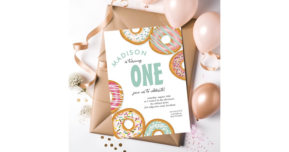 Aqua Green One Donut First Birthday Party Invitation | Zazzle