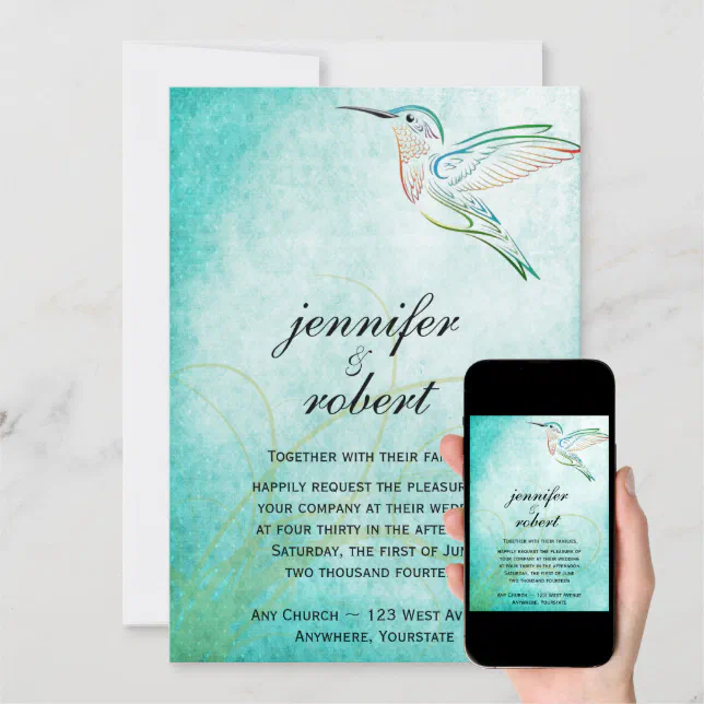 Aqua Hummingbird Watercolor Wedding Invitation | Zazzle