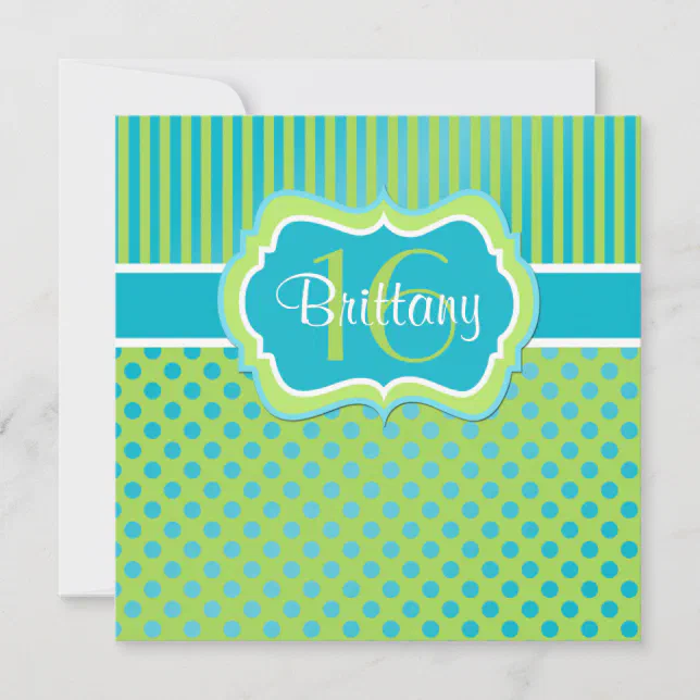 Aqua, Lime Polka Dot Sixteenth Birthday Invitation | Zazzle