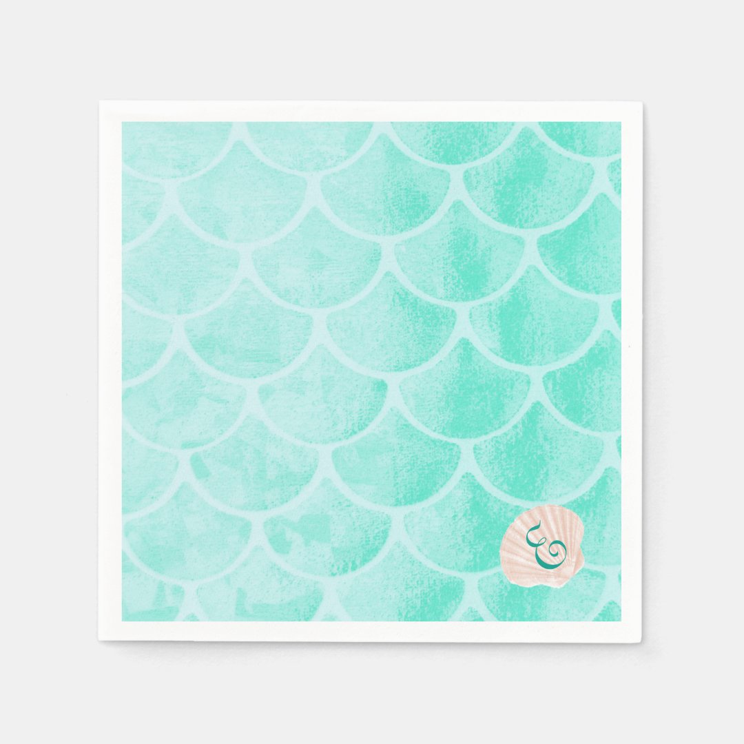 Aqua Mermaid Scales | Seashell | Custom Initial Paper Napkins | Zazzle