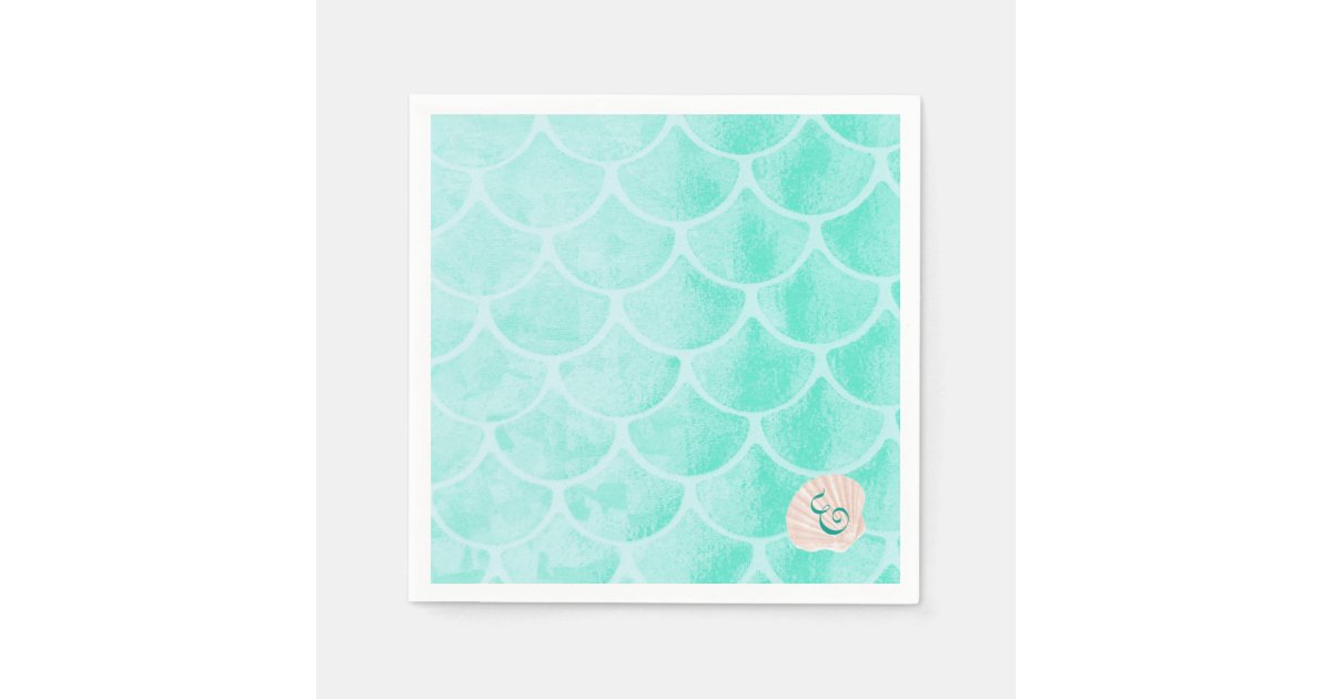 Aqua Mermaid Scales | Seashell | Custom Initial Paper Napkins | Zazzle
