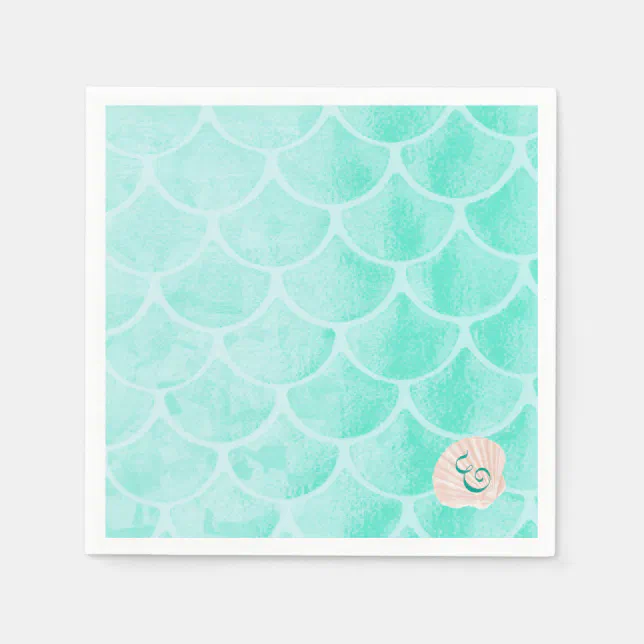 Aqua Mermaid Scales | Seashell | Custom Initial Paper Napkins | Zazzle