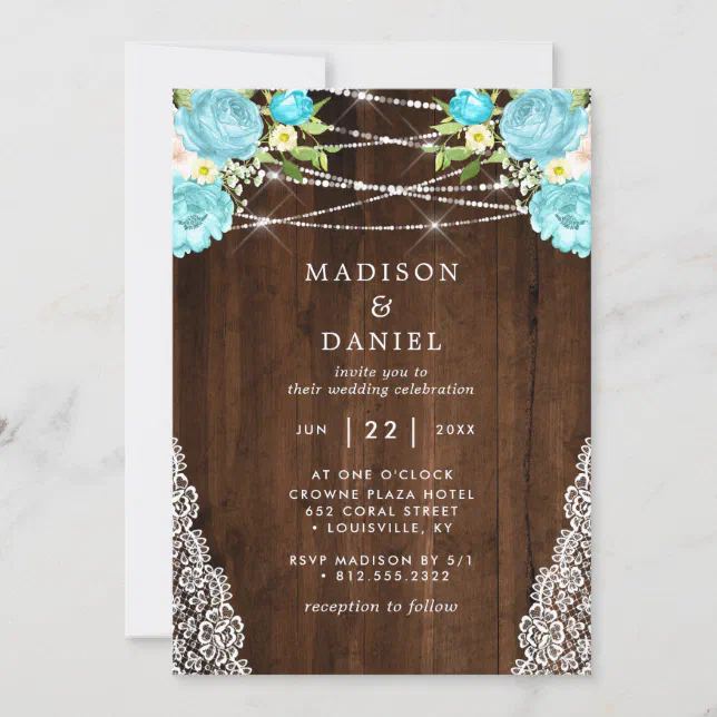 Aqua Mint Rustic Wood String Lights Floral Wedding Invitation | Zazzle