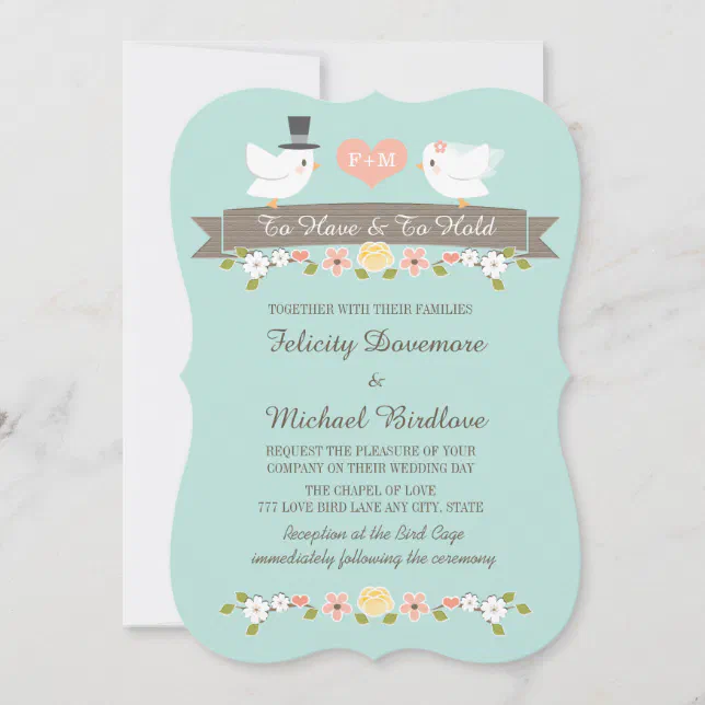 Aqua Monogram Love Birds Dove Wedding Invitation | Zazzle
