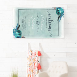 Aqua & Navy Blue Watercolor Floral Wedding Welcome Banner | Zazzle