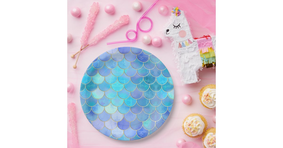 Aqua Pearlescent & Gold Mermaid Scale Pattern Paper Plates | Zazzle