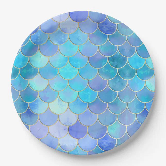 Aqua Pearlescent & Gold Mermaid Scale Pattern Paper Plates | Zazzle