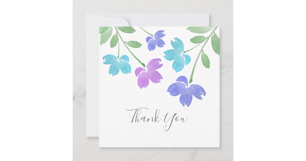 Aqua, Periwinkle Watercolor Flower Stems Thank You Card | Zazzle