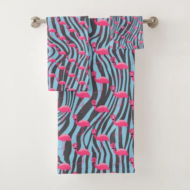 AQUA PINK FLAMINGO ZEBRA PRINT BATHROOM TOWEL SET | Zazzle