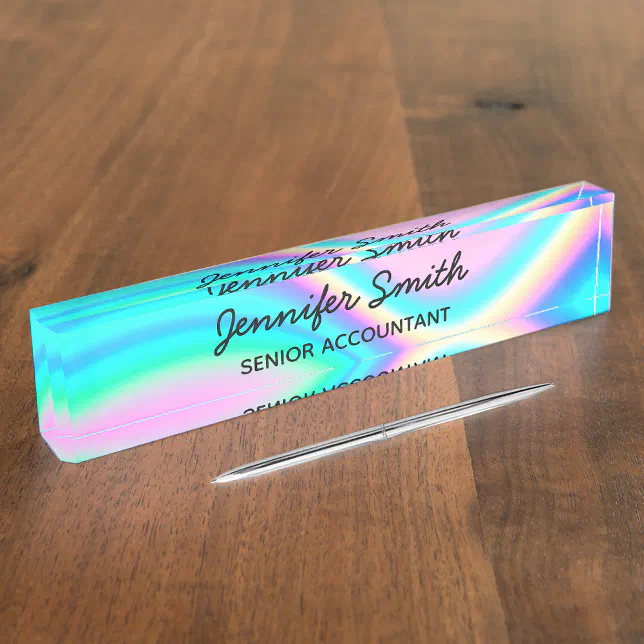 Aqua Pink Iridescent Rainbow Wave Ombre Desk Name Plate | Zazzle