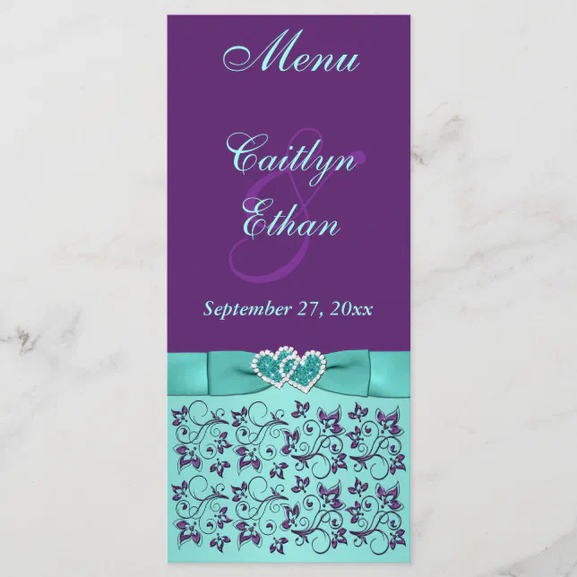 Aqua, Purple Floral, Hearts Menu Card | Zazzle
