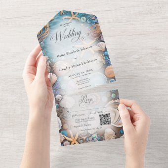 Aqua Seashell Rustic Beach QR Code All In One Invitation | Zazzle
