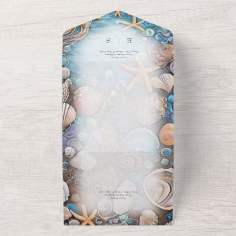 Aqua Seashell Rustic Beach QR Code All In One Invitation | Zazzle