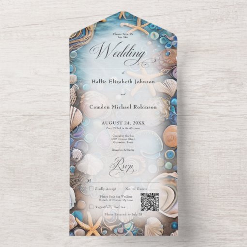 Aqua Seashell Rustic Beach QR Code All In One Invitation | Zazzle