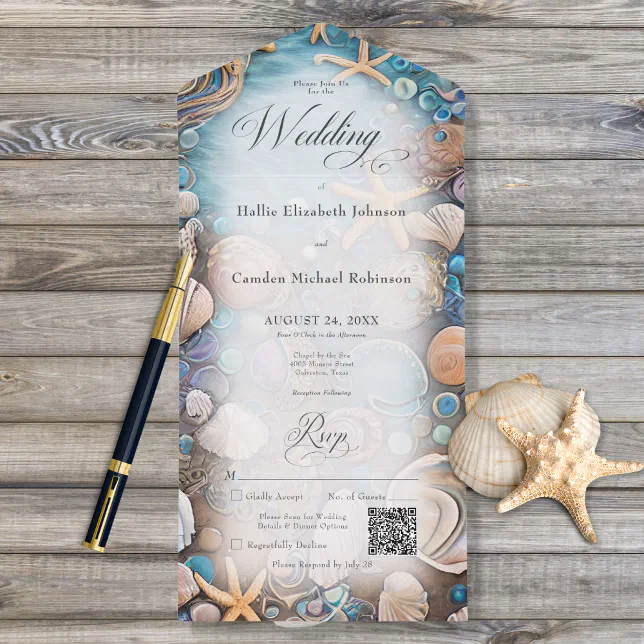 Aqua Seashell Rustic Beach QR Code All In One Invitation | Zazzle