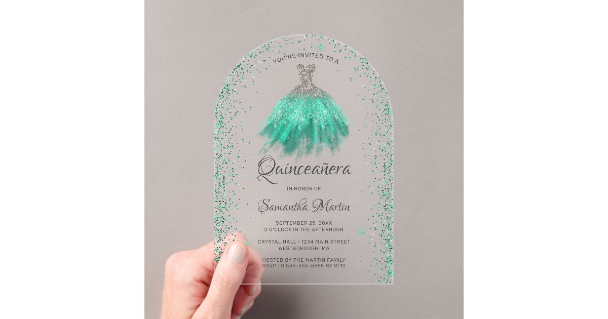 Aqua Silver Glitter Dress Quinceañera Party Acrylic Invitations | Zazzle