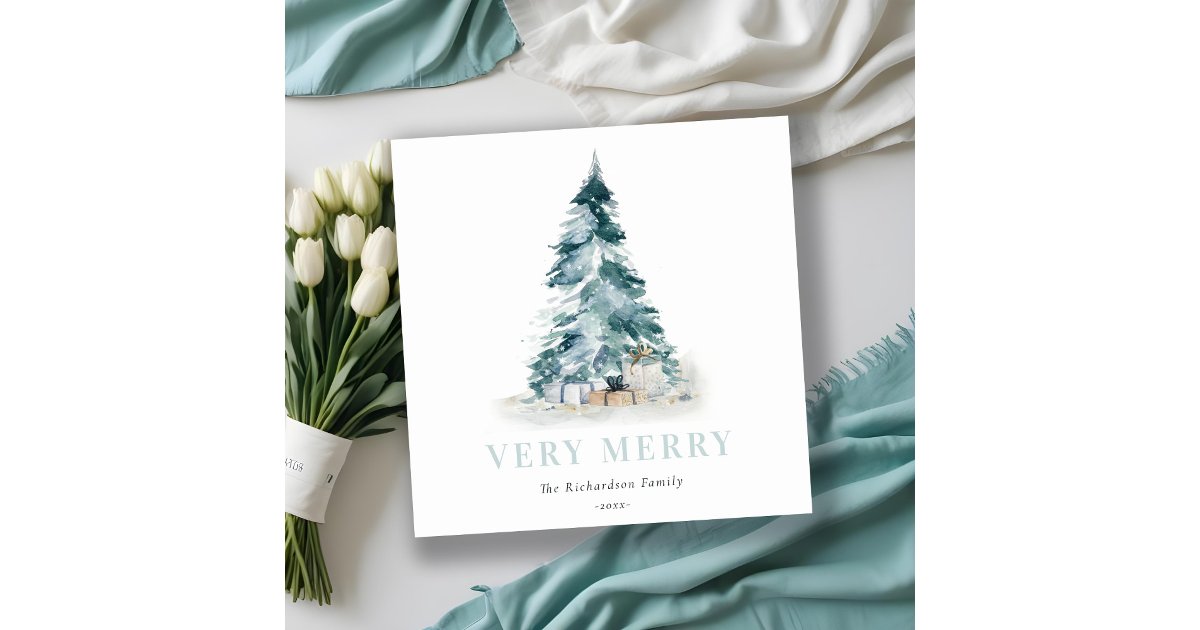 Aqua Snow Watercolor Pine Christmas Tree Gifts Holiday Card | Zazzle