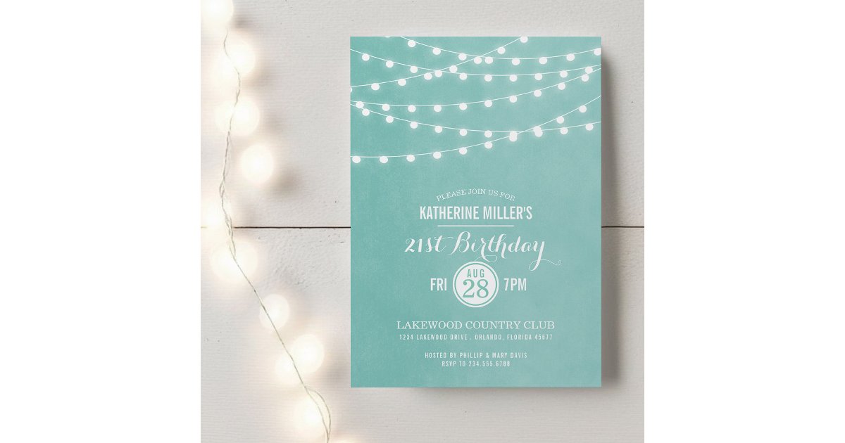 Aqua String Lights 21st Birthday Party Invitation | Zazzle