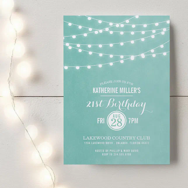Aqua String Lights 21st Birthday Party Invitation | Zazzle