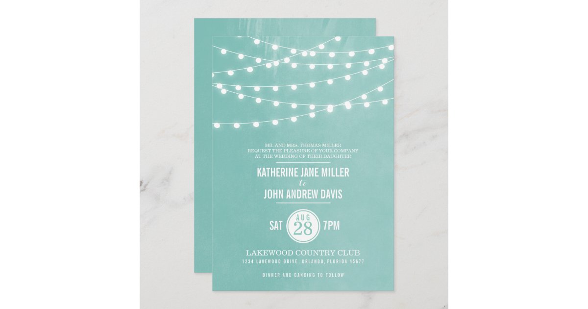 Aqua String Lights Wedding Invitation | Zazzle