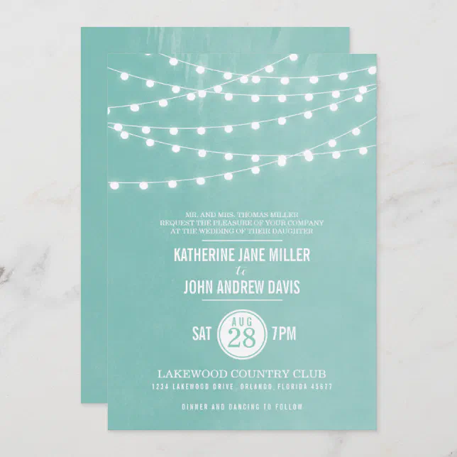 Aqua String Lights Wedding Invitation | Zazzle